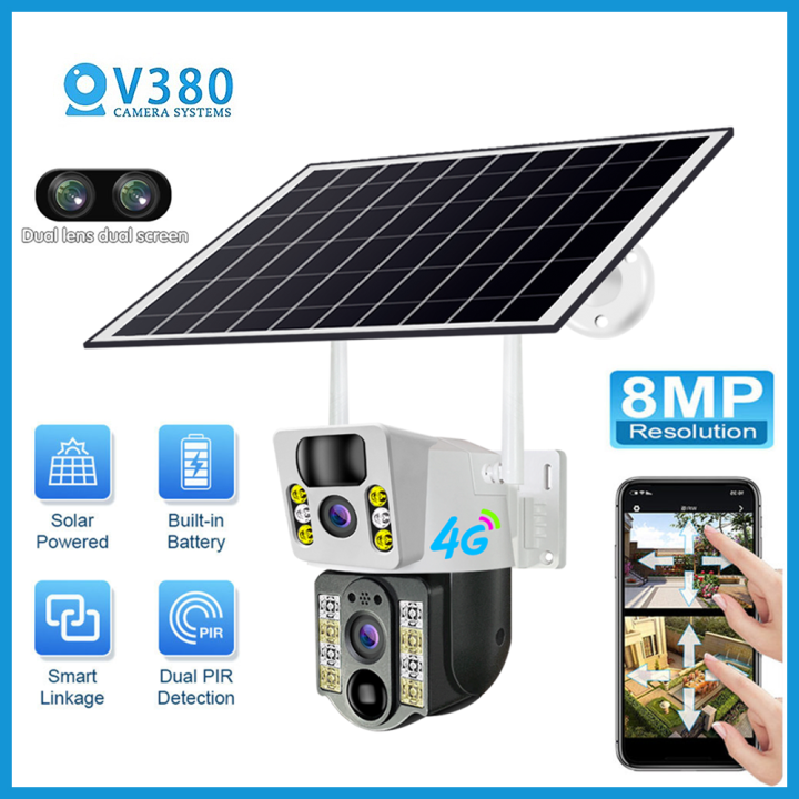 V380 Pro 8MP 4K Solar IP Camera 4G Sim Dual Lens Outdoor 10xZoom PIR Human Detection CCTV Camera ...
