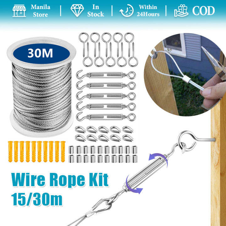 Cable Railing Kits 15/30m Stainless Steel Wire Rope Cable Turnbuckle Wire Tensioner Kit for ...