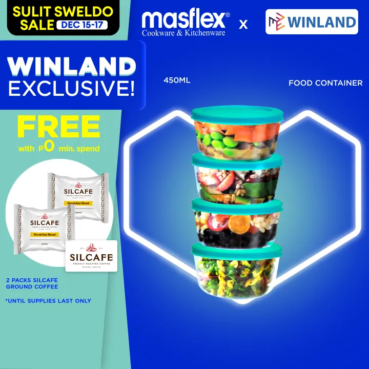 MASFLEX by Winland 4 Pieces Borosilicate Glass 450ml Food Container ...