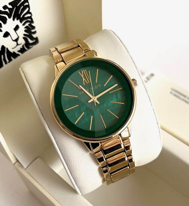 Anne Klein 3750GMGB Green Mother of Pearl Dial Gold Steel Link Bracelet ...