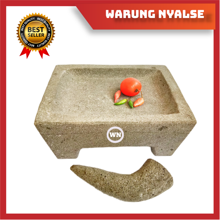 Cobek Batu Asli Premium Persegi Panjang Berkaki Satu Set Ulekan Mutu ...