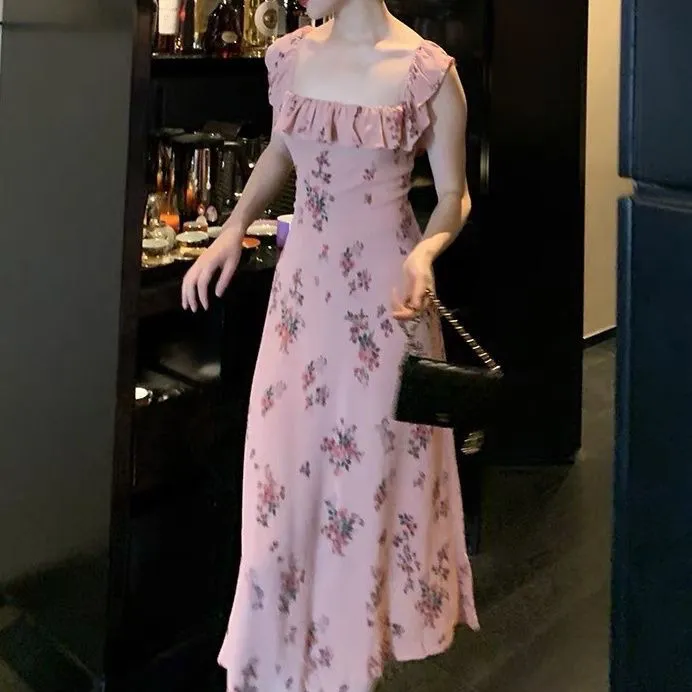 ชุดคลุมเนื้อสีชมพูฝรั่งเศสสำหรับผู้หญิง 2022 ฤดูร้อนใหม่เอวเก๋ย้อนยุค ...