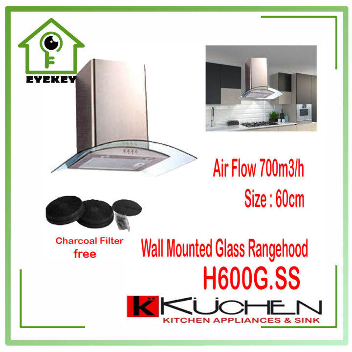 KUCHEN H600G WALL MOUNTED RANGEHOOD RANGE HOOD 60CM LED GLASS | Lazada PH
