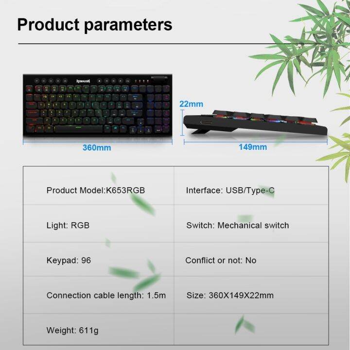 REDRAGON Sion K653 RGB USB Mini Slim Ultra-Thin Designed Wired Mechanical Gaming Keyboard Red ...