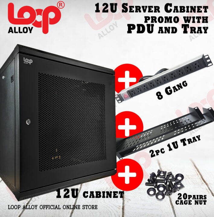 Loop Alloy 12U Server Cabinet Packaged with 2pcs 1U Vented Cantilever Server Tray, 1pc 1U Power ...