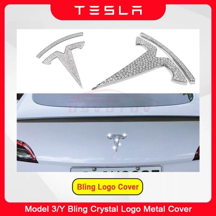 Tesla Model 3 Y Bling ด้านหลังรถ,ที่สวมครอบมีสัญลักษณ์คริสตัลเพชรพวง ...