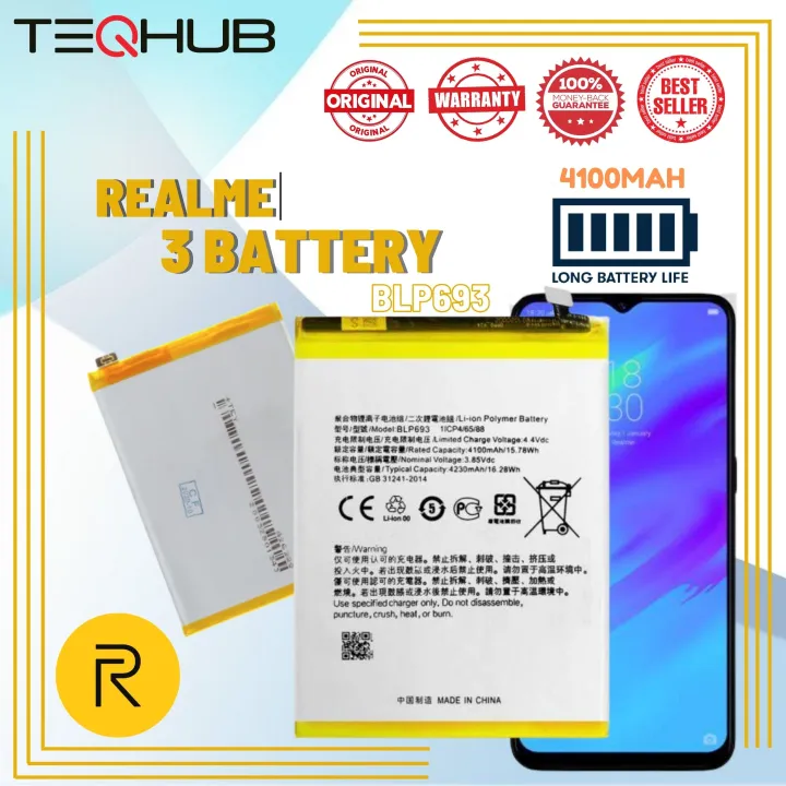 ORIGINAL REALME 3 Battery, Model: BLP693 (4100mAh) Battery for REALME 3 ...
