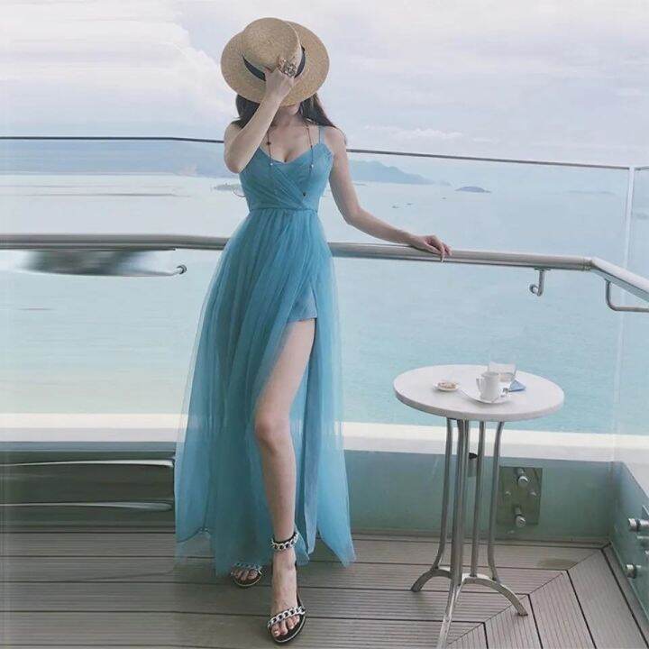 2022 new Blue Cultivate One's Morality Show Thin Gauze Dress Harness ...
