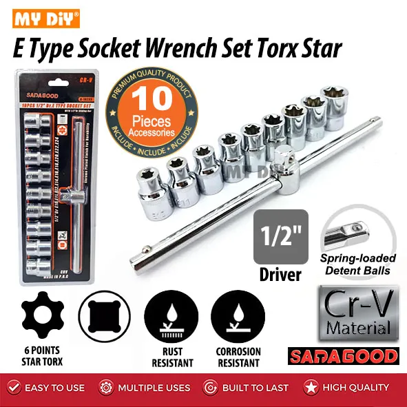 MYDIYHOMEDEPOT - SADAGOOD CRV 10PCS 1/2" E TYPE SOCKET WRENCH SET TORX ...