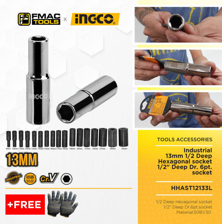 INGCO 13mm 1/2 Deep Hexagonal socket 1/2" Deep Dr. 6pt. socket ...