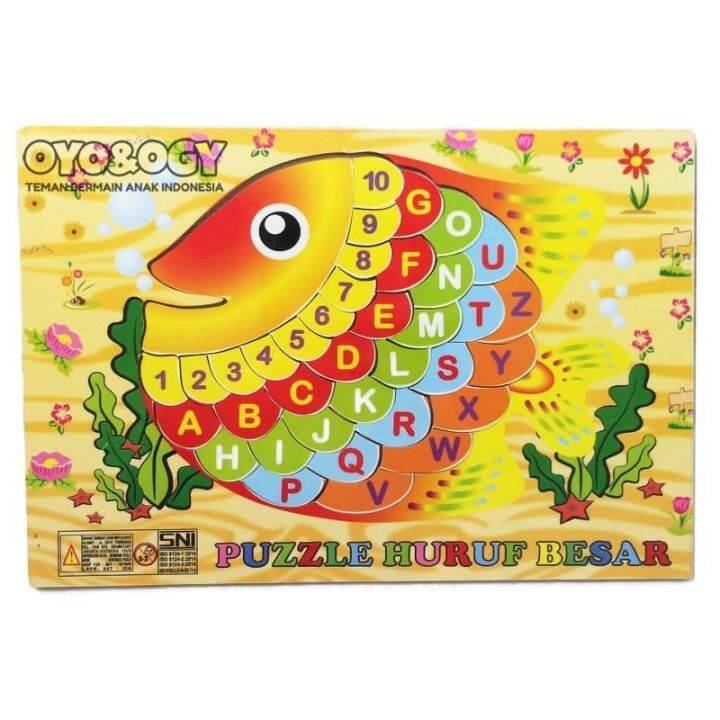 Mainan Kayu Edukasi Anak Puzzle Ikan Angka Abjad Huruf Besar ABC 123 ...