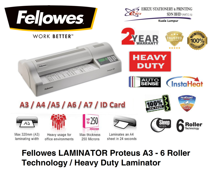 Fellowes LAMINATOR Proteus A3 - 6 Roller Technology / Heavy Duty Laminator (Laminator Machine ...