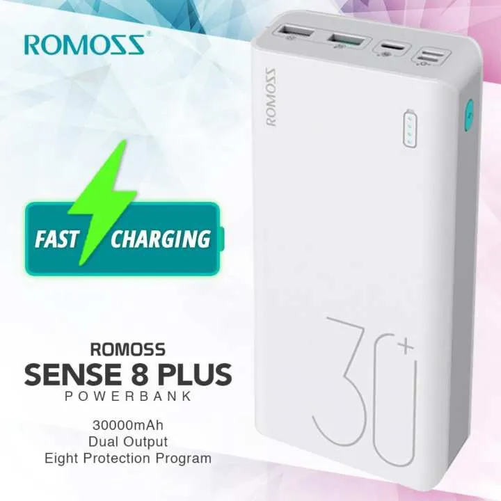 Romoss Sense 8 Plus fast charging 30000 mAh QC3.0 Type-C Powerbank (White) | Lazada PH