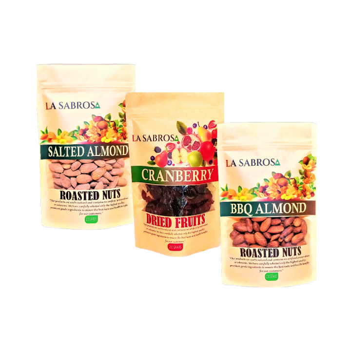 La Sabrosa's Combo Pack Nuts-Salted Almond, Cranberry, BBQ Almond 600 ...