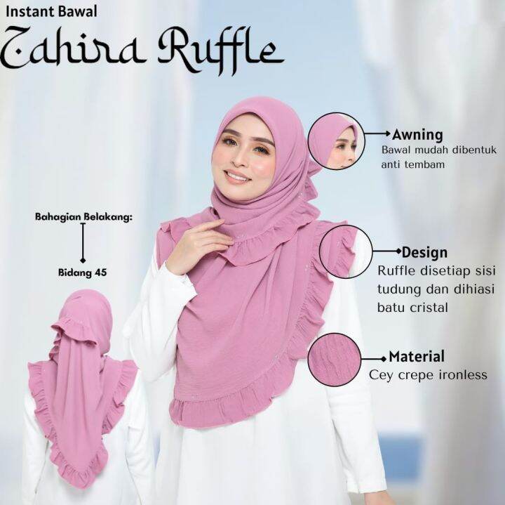 ZAHIRA | Tudung Bawal Instant Labuh Cey Crepe Bidang 45 | Ada Ruffle ...