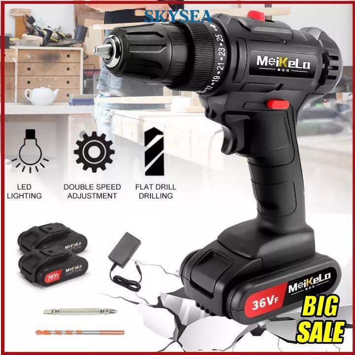 36V Cordless Lithium Electric Drills Double-Speed With 2 Batteries ...