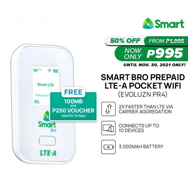 COD Smart Bro Prepaid LTE-A Pocket WiFi CAT 6 (EVOLUZN PR4) with FREE 100MB and P250 Bro Voucher ...