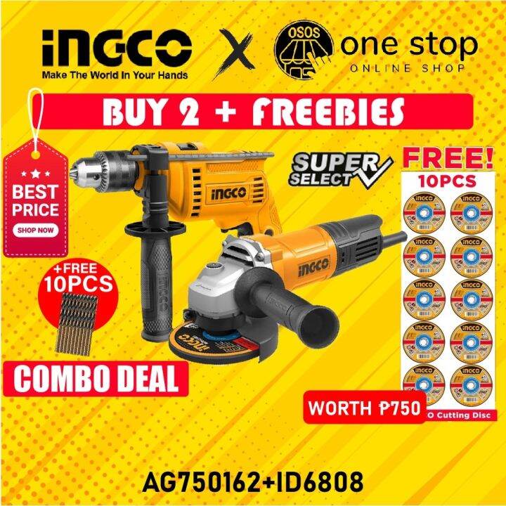 COMBO INGCO Angle Grinder 750W Impact Hammer Drill 680W Set Kit •OSOS ...