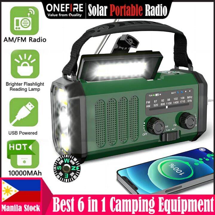 ONEFIRE Portable Radio 10000mAh Solar Hand Crank Charger Emergency Radios AM/FM LED Flashlight ...