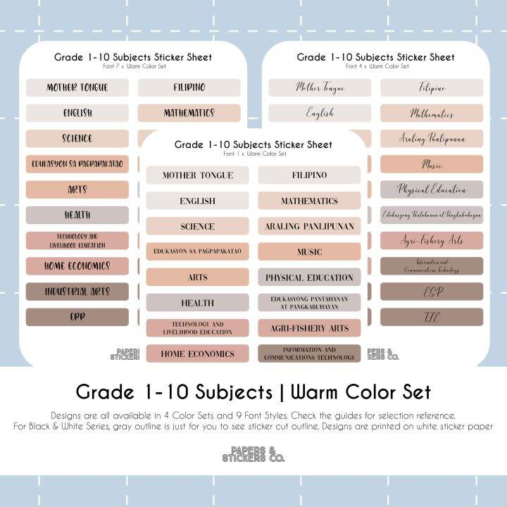 Grade 1-10 Subjects Sticker Sheet | Warm (9 Font Styles Available ...