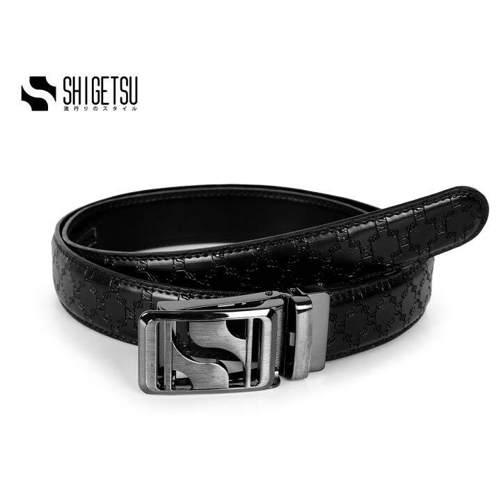 Shigetsu Signature Monogram HIRATSUKA Debossed Black Grey Leather Belt ...