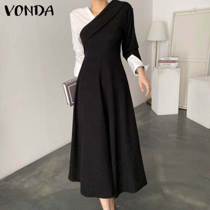 Vonda Women Elegant Long Dress Patchwork Long Sleeve Party Casual A