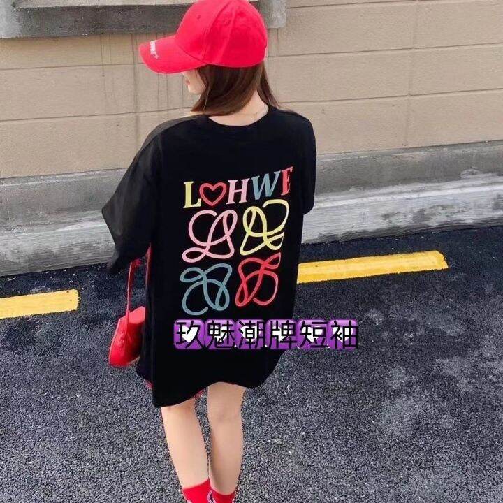 LOEWE Luo Ywei เสื้อยืดด้านหน้าและด้านหลังโลโก้พิมพ์ลายหลากสี,เสื้อยืด ...