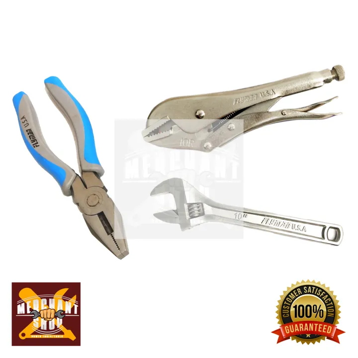 Flyman USA Pliers 8" + Flyman Vise Grip 10" + Flyman Adjustable Wrench ...