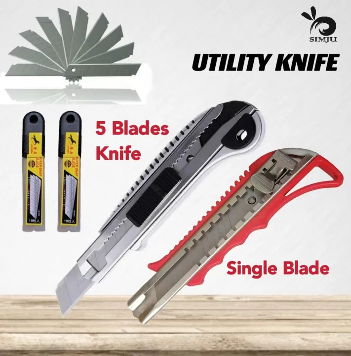 Heavy Duty Retractable 5 Pcs Blades Utility Razor Knife Cutter / Pisau ...