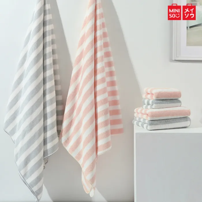 Miniso Striped Coral Fleece Bath Towel Face Towel Pink Grey | Lazada PH