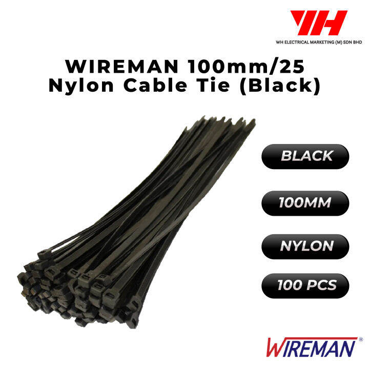 100 pcs - WIREMAN 100MM/25 NYLON CABLE TIE (BLACK) | Lazada