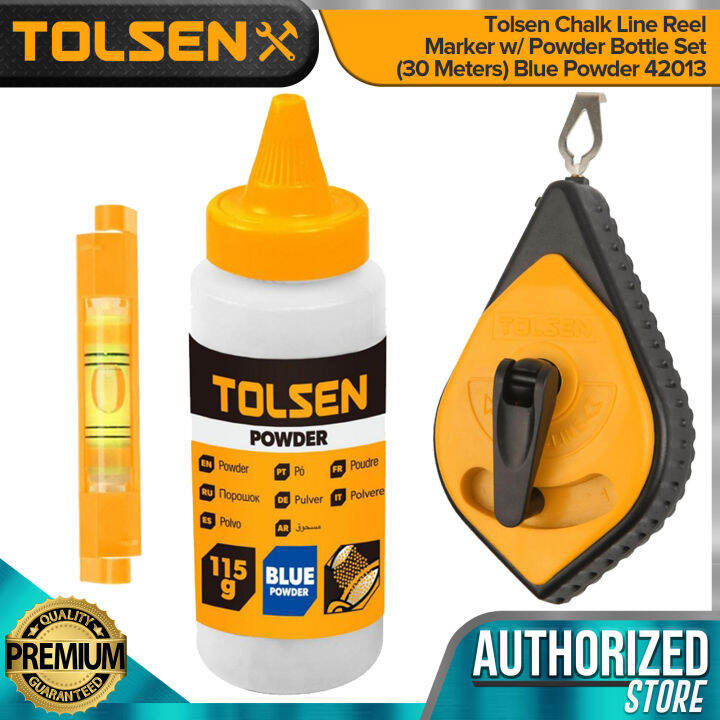 Tolsen Chalk Line Reel Marker w/ Powder Bottle Set (30 Meters) Blue ...