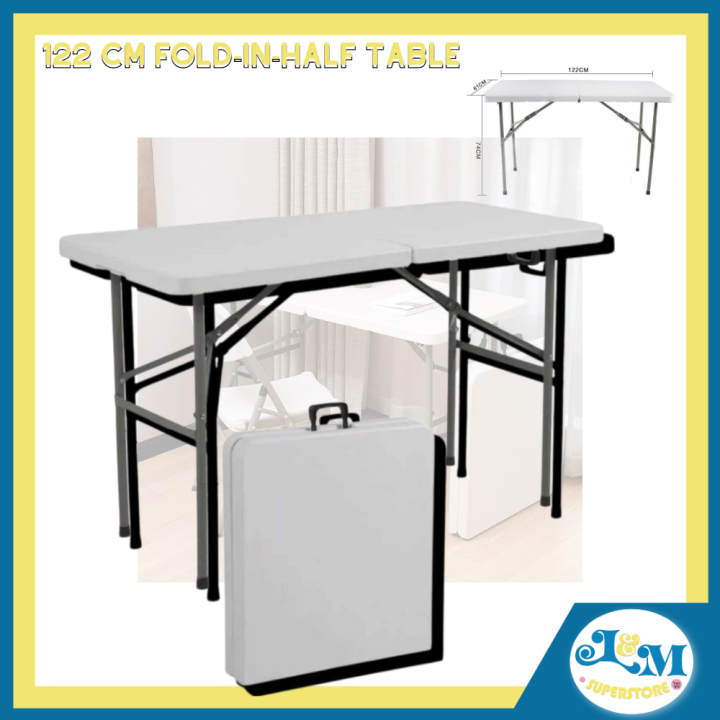 [L&M] 4ft (121.0cm × 61.0cm × 74.0cm) Commercial Fold-In-Half Table w/ Foldable Table-Top and ...