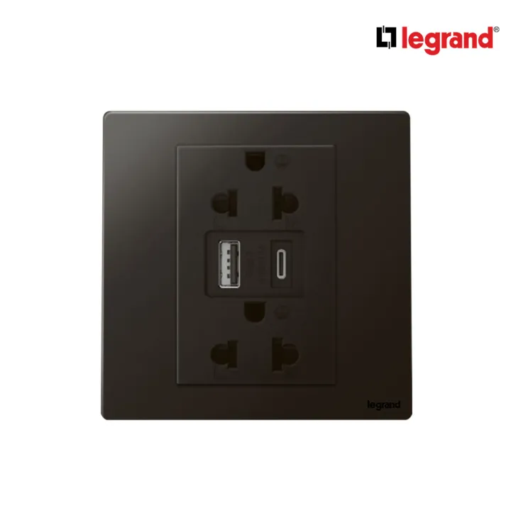 Legrand เต้ารับคู่มีกราวด์+USB Charger สีดำ 1G EURO-US 16A Socket With ...