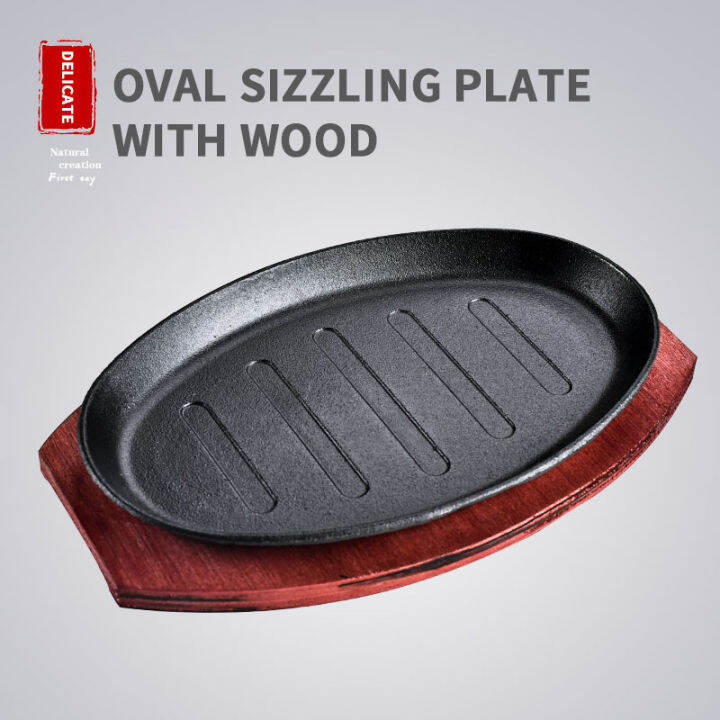 Baking Pans and Trays Oval Sizzling Plate with Wood Base Grilled Fish ...