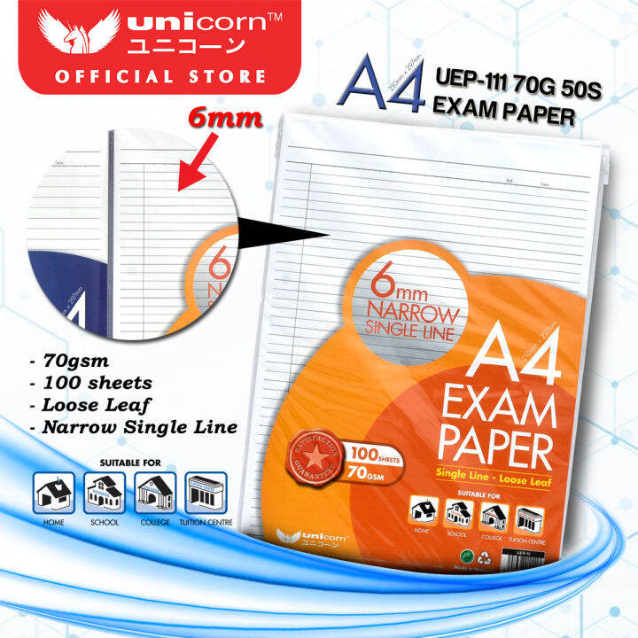 Unicorn Stationery 6mm Narrow Single Line A4 Exam Paper 70G UEP-111 100 ...