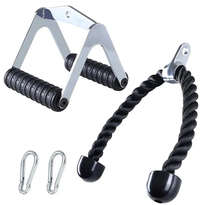 4 Pcs Nylon Triceps Rope and Chrome Rowing Parallel Grip with Carabiner ...