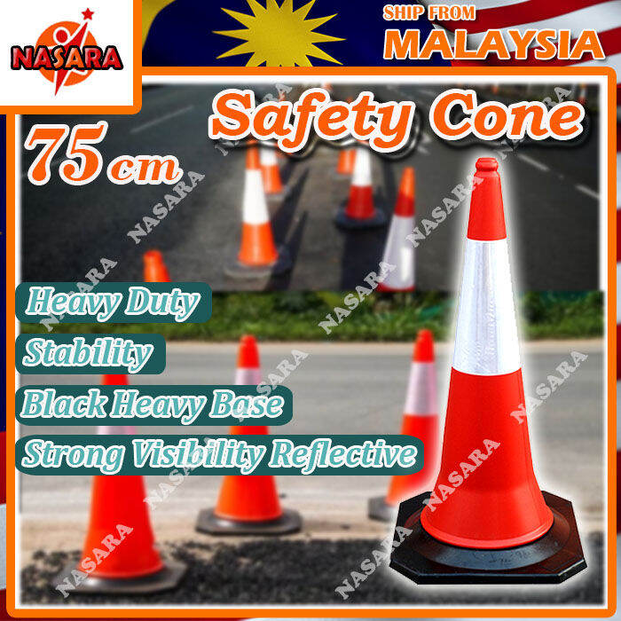 NASARA - 75CM PORTABLE REFLECTIVE BLACK HEAVY BASE SAFETY CONE TRAFFIC ...