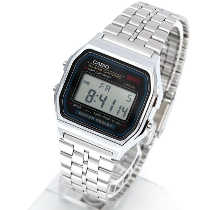 Casio A159WA Alarm Chronograph Black Dial Silver Stainless Steel Watch ...