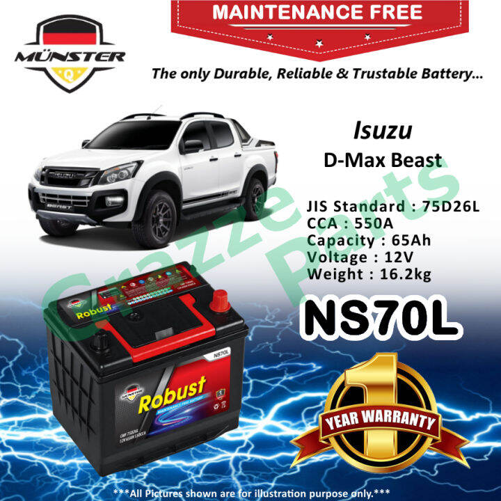 Münster Robust MF CMF NS70 | NS70L | 75D26L (65AH) Car Battery Bateri ...