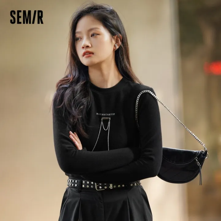 Semir แขนยาวเสื้อยืดผู้หญิงสีดำออกแบบที่เรียบง่ายความรู้สึก2022ฤดูหนาว ...