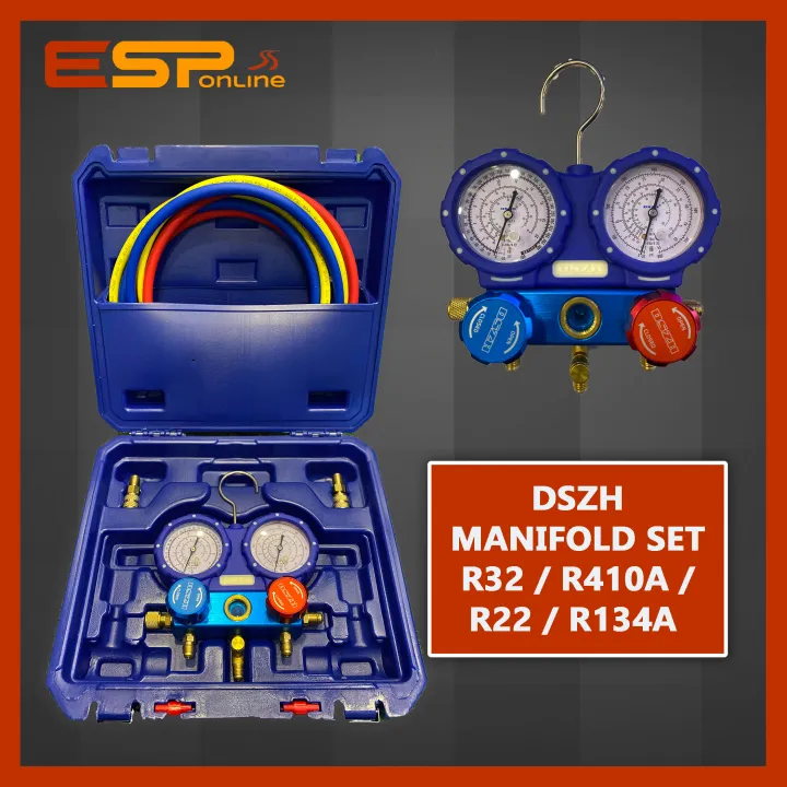 DSZH Manifold Set Gas Meter 2-Valve R32 / R410A / R134A / R22 5FT HOSE C/W ADAPTER ALUM BODY ...