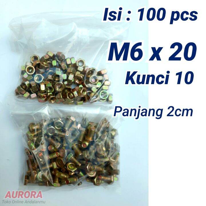 PAKET Isi 100 pcs Baut Mur M6 x 20 (Kunci 10 Panjang 2cm) | Lazada ... PAKET Isi 100 pcs Baut Mur M6 x 20 (Kunci 10 Panjang 2cm) | Lazada ...