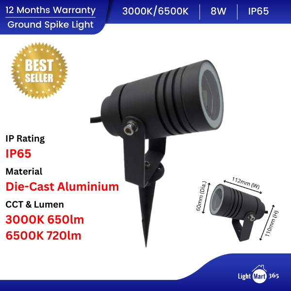 8W IP65 3000K/6500K LED Ground Spike Light Outdoor Weatherproof Ground ...