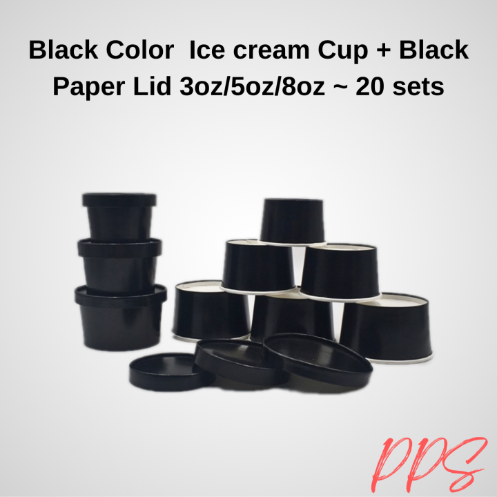 Black Color Ice cream Cup + Black Paper Lid 3oz/5oz/8oz ~ 20 sets ...