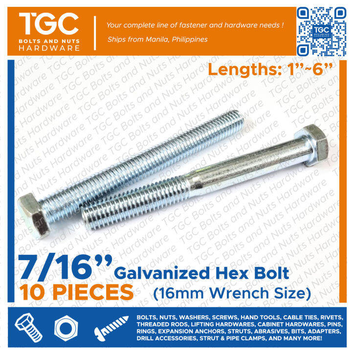 TGC 10PCS GI Hex Bolt 7/16 inch x 1 ~ 6 inches Galvanized Hex Bolt / GI ...