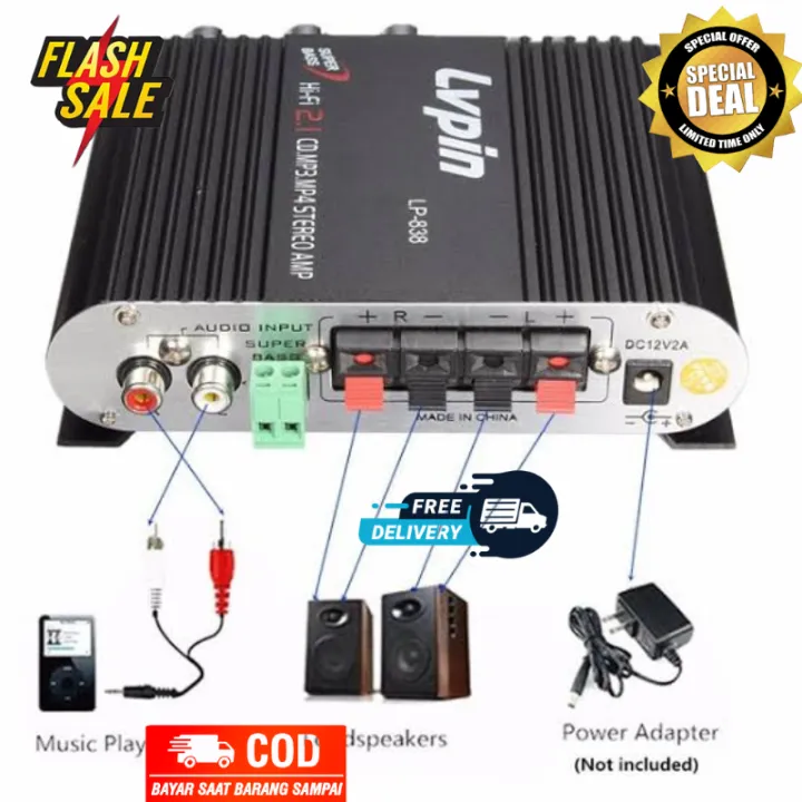 LVPIN Mini HiFi Stereo Amplifier Treble Bass Booster 12V 20W - LP-838 ...