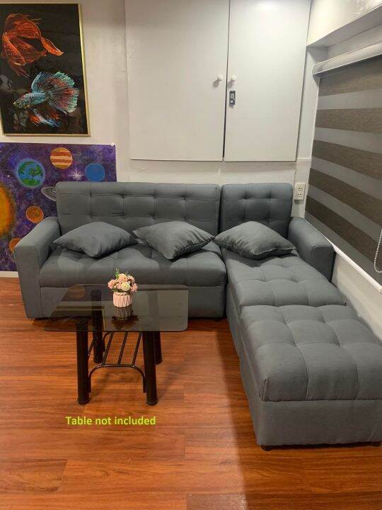 sala set L shape grey fabric sofa with glass table uratex foam cod ...