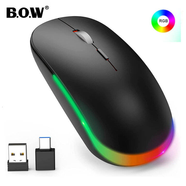 BOW RGB Wireless Mouse Rechargeable Quiet Silm Mouse with USB Receiver ...