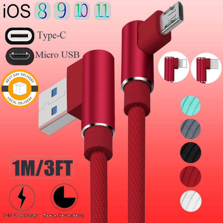 3M/2M 90 Degree Fast Charger USB Cord 3.0A Android Micro USB /Type -C ...